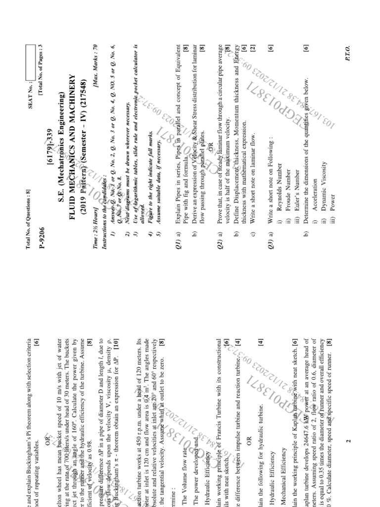 Se Mechatronics - Fluid Mechanics and Machinery | PDF
