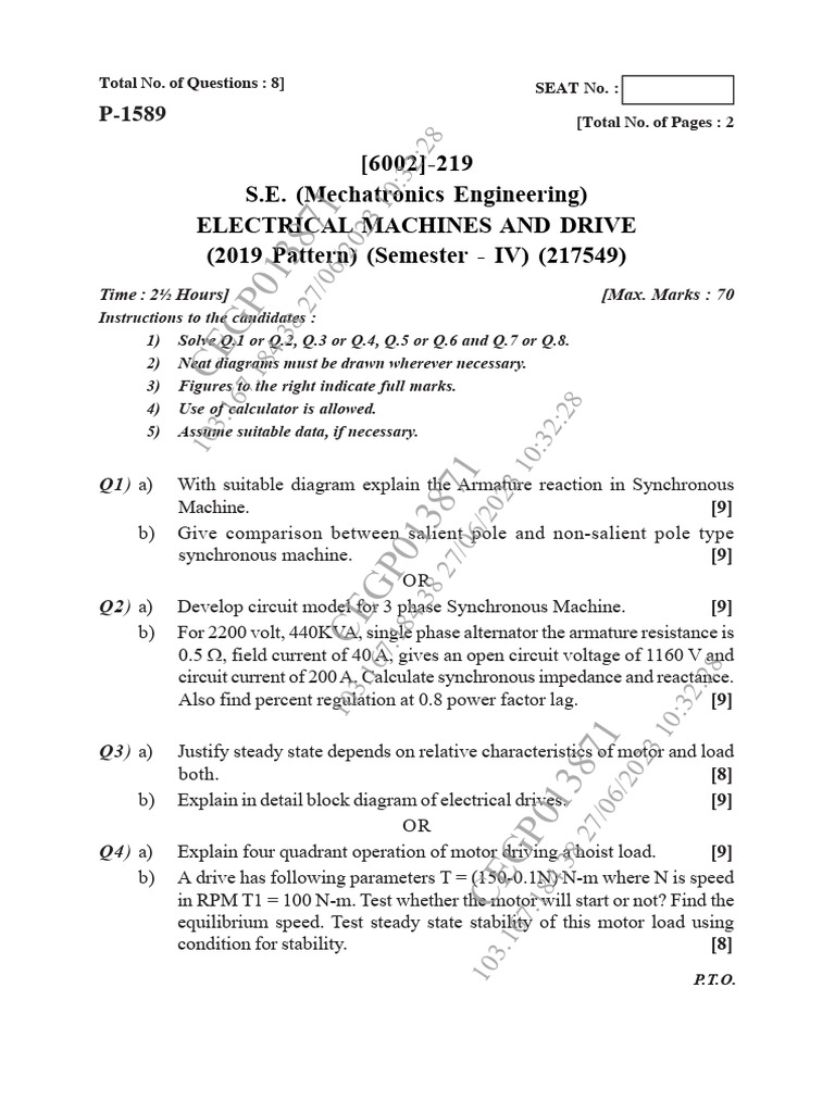 Electrical Machines Exam Questions | PDF | Electrical Impedance ...