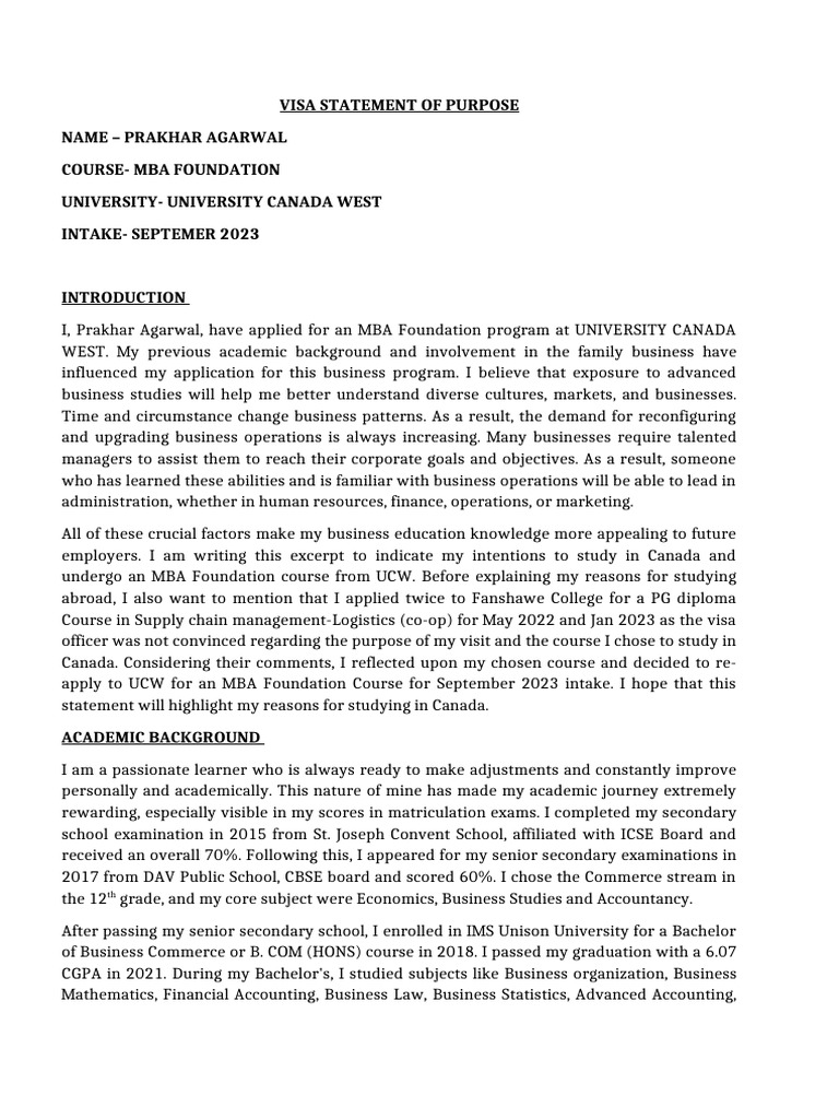 MBA Foundation Visa Statement - Prakhar Agarwal | PDF | Macroeconomics ...