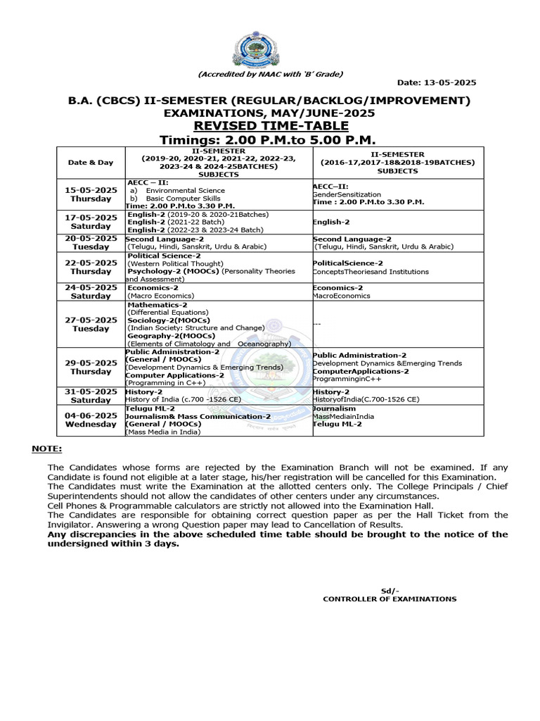 Revised - Ug Ii Time Table May2025 | PDF