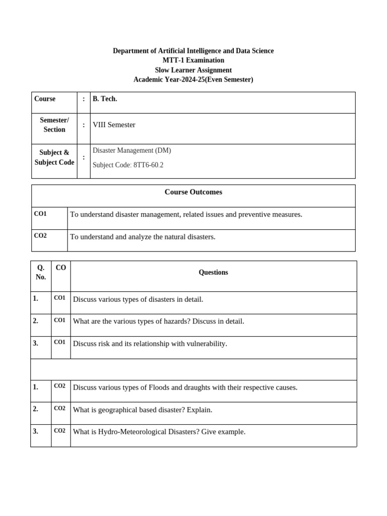Slow and Advance Learner Assignment MTT 1 & 2 | PDF | Emergency Management | Natural Disasters