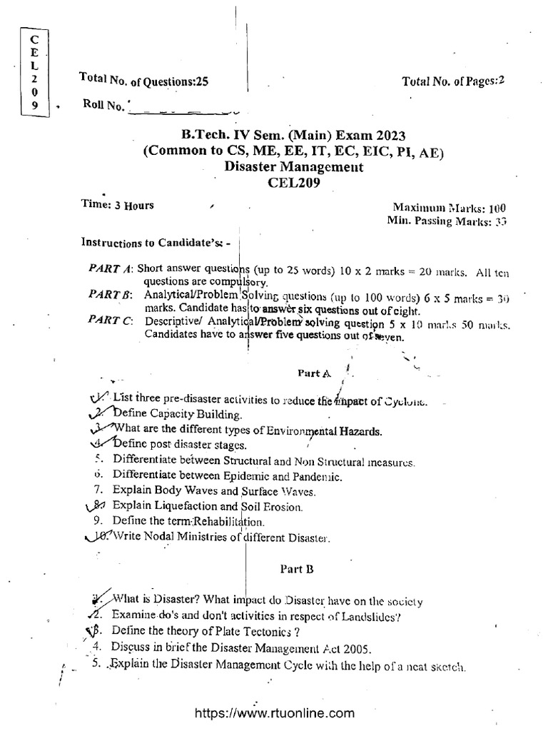 Btech 4 Sem Disaster Management 2023 | PDF
