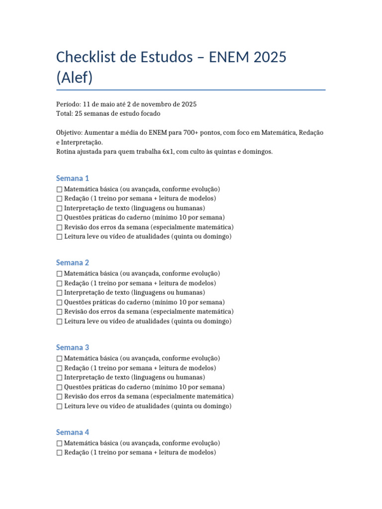 Checklist ENEM 2025 A | PDF | Matemática