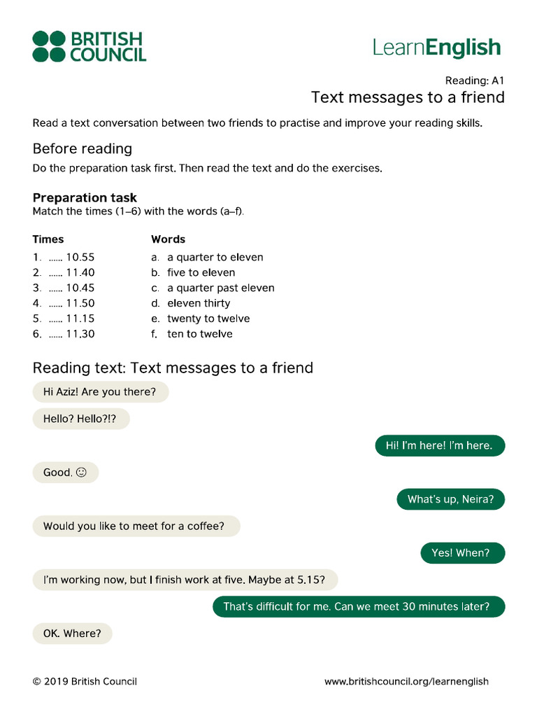 LearnEnglish-Reading-A1-Text-messages-to-a-friend BC HW For 12th March Tasks Only | PDF
