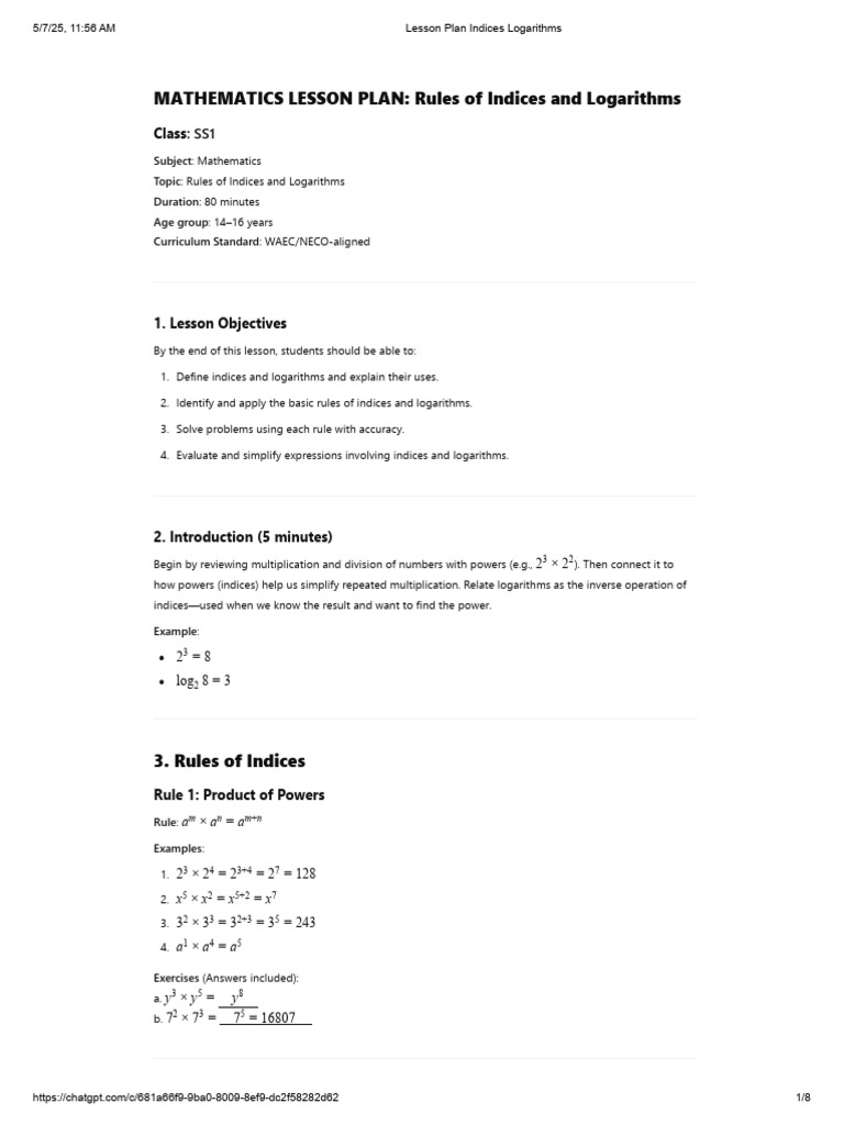 Lesson Plan Indices Logarithms | PDF | Ph | Arithmetic
