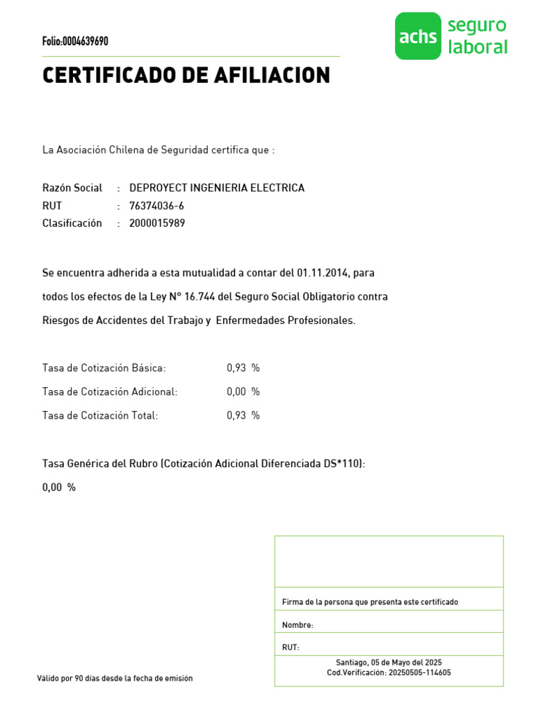 ACHS-Certificado Afiliacion - 05-2025 | PDF