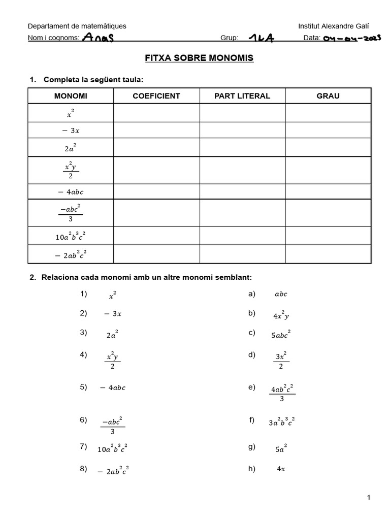 Fitxa 3 - Monomis Suma I Resta | PDF
