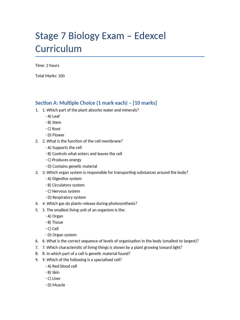 Stage_7_Biology_Exam_Edexcel | PDF | Plants | Muscle