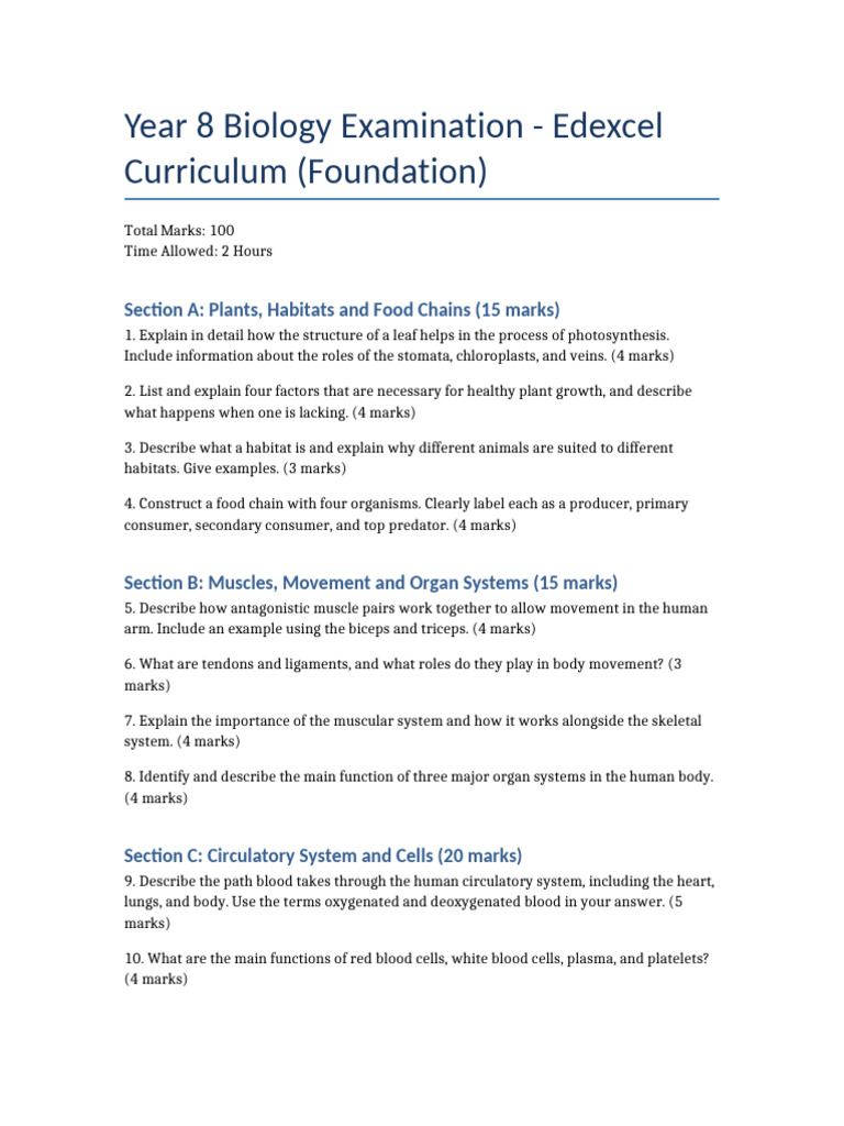 Year 8 Biology Exam Guide: Edexcel | PDF | Blood | Circulatory System
