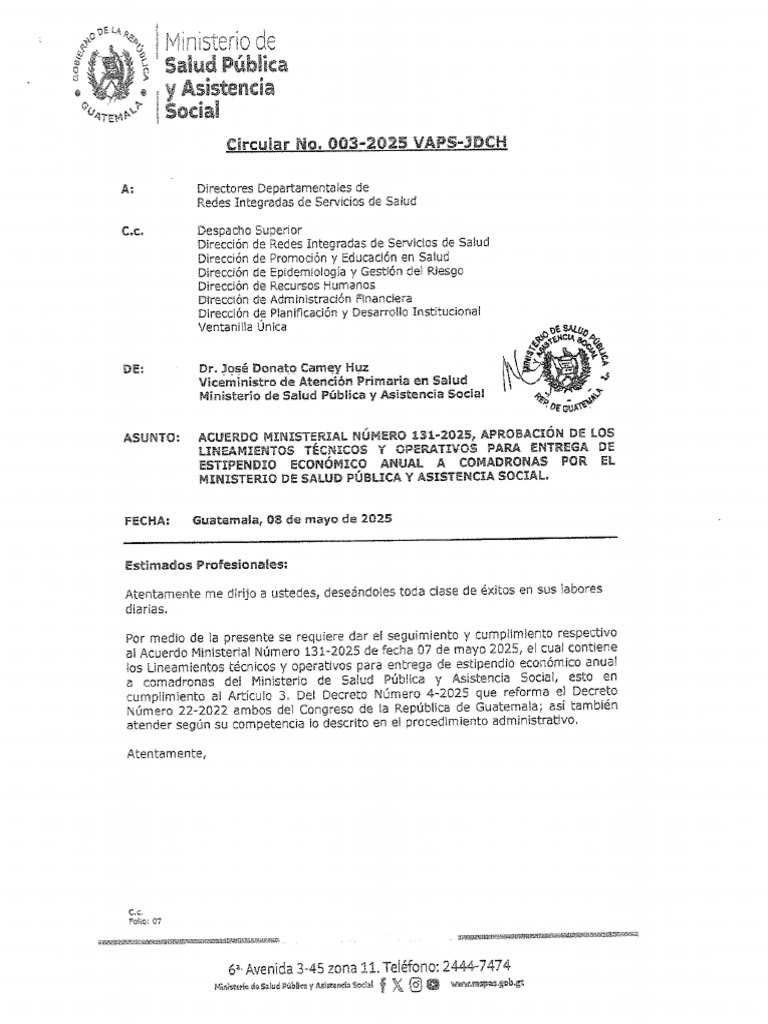Circular No. 003-2025 VAPS-JDCH ACUERDO ESTIPENDIO COMARONAS | PDF