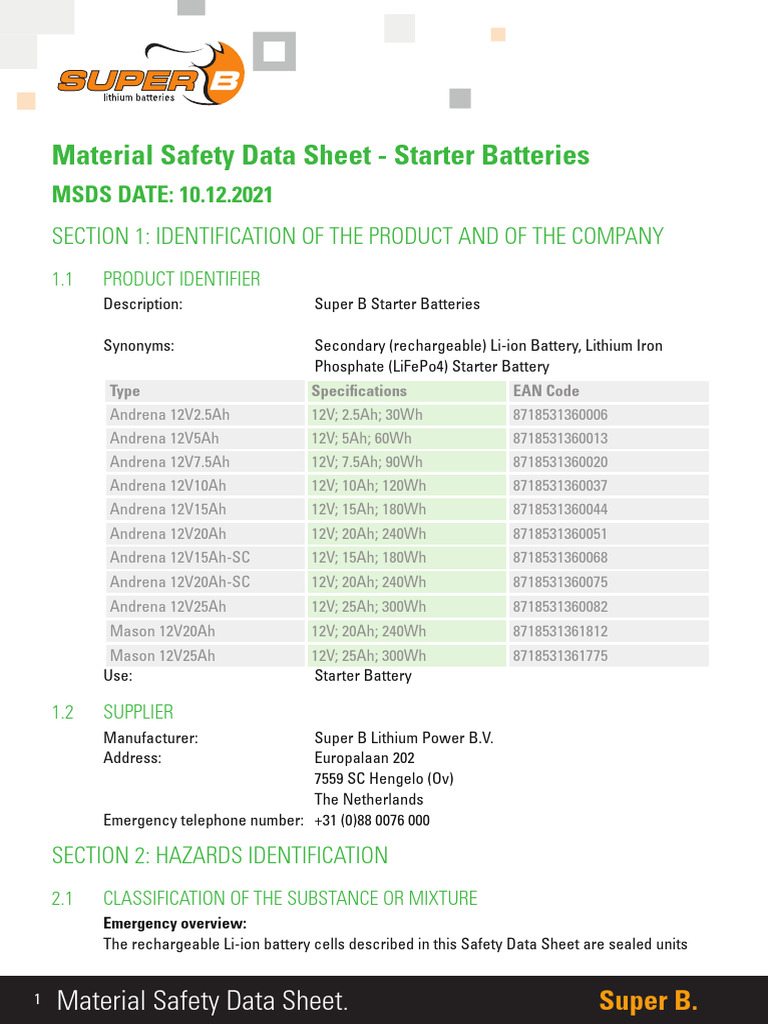 SUPER B-Msds - Starter - Batteries - v1-2 | PDF | Lithium Ion Battery ...