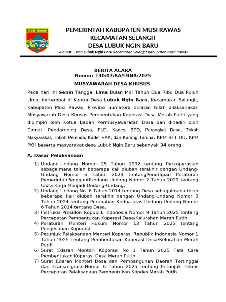 Berita Acara Musdesus Lubuk Ngin Baru-1 | PDF