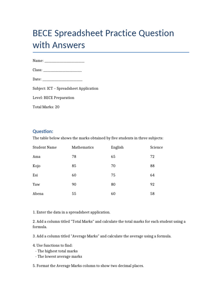 BECE Spreadsheet Question Answers | PDF | Spreadsheet | Mathematics