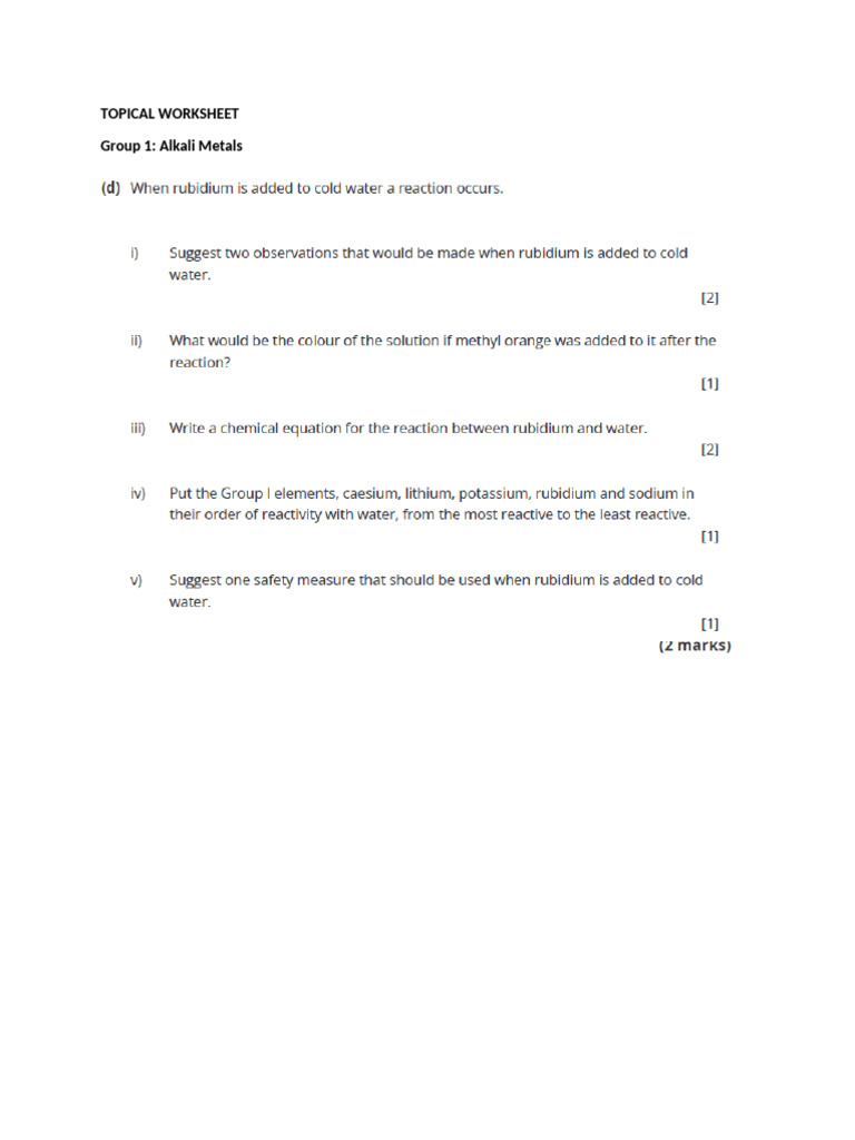Alkali Metals Worksheet | PDF