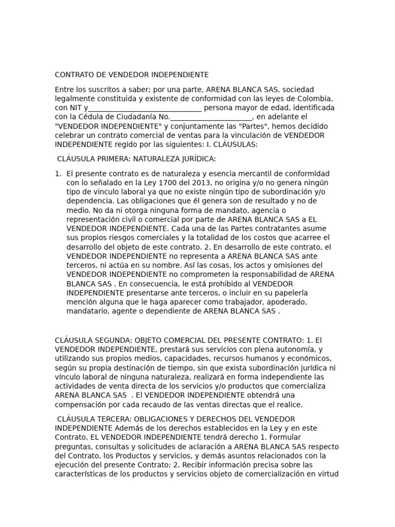 Contrato de Vendedor Independiente | PDF | Derecho laboral | Pensión