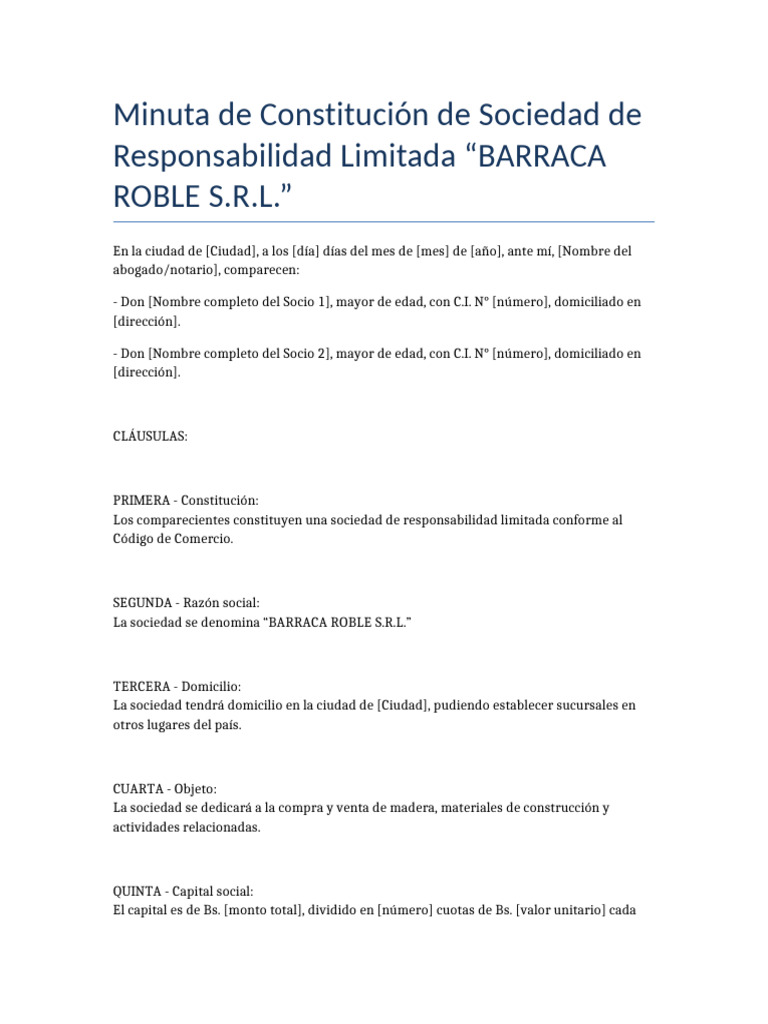 Minuta Constitucion Barraca SRL Bolivia | PDF