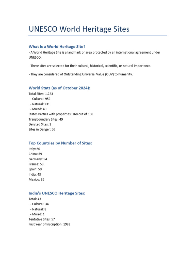 UNESCO World Heritage ICSE Quiz Notes | PDF