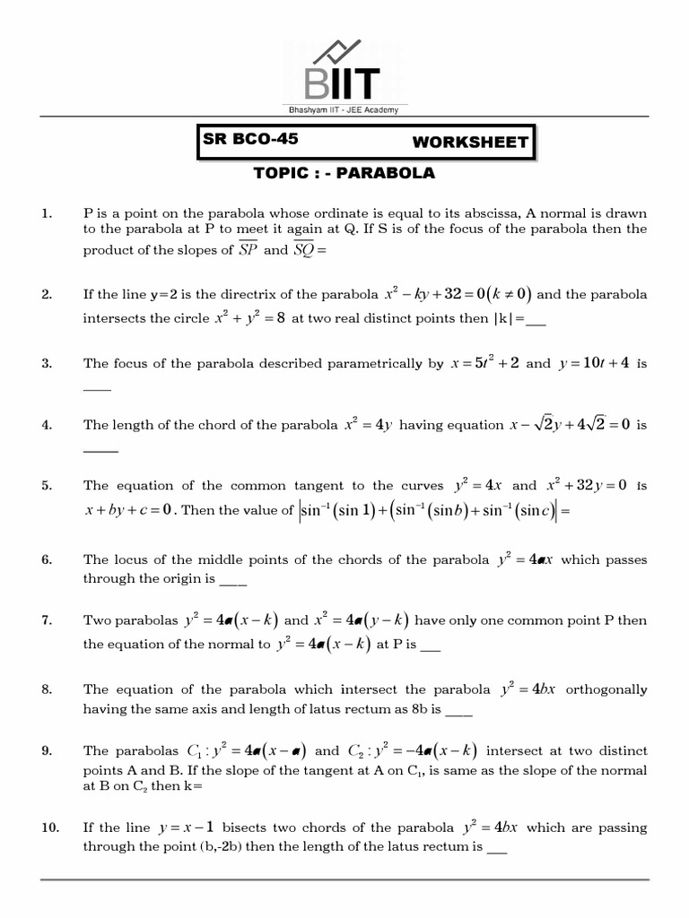 SR Bco-45 Maths Parabola Worksheet | PDF