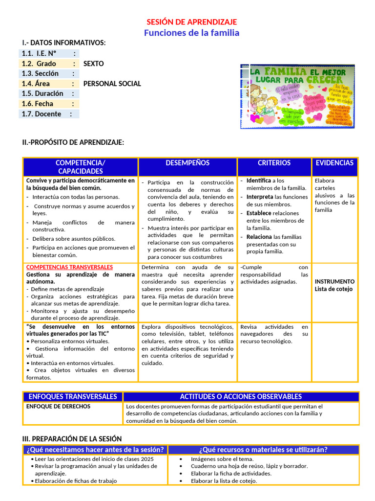 D3 A3 SES. PS. Funciones de La Familia | PDF | Aprendizaje | Familia