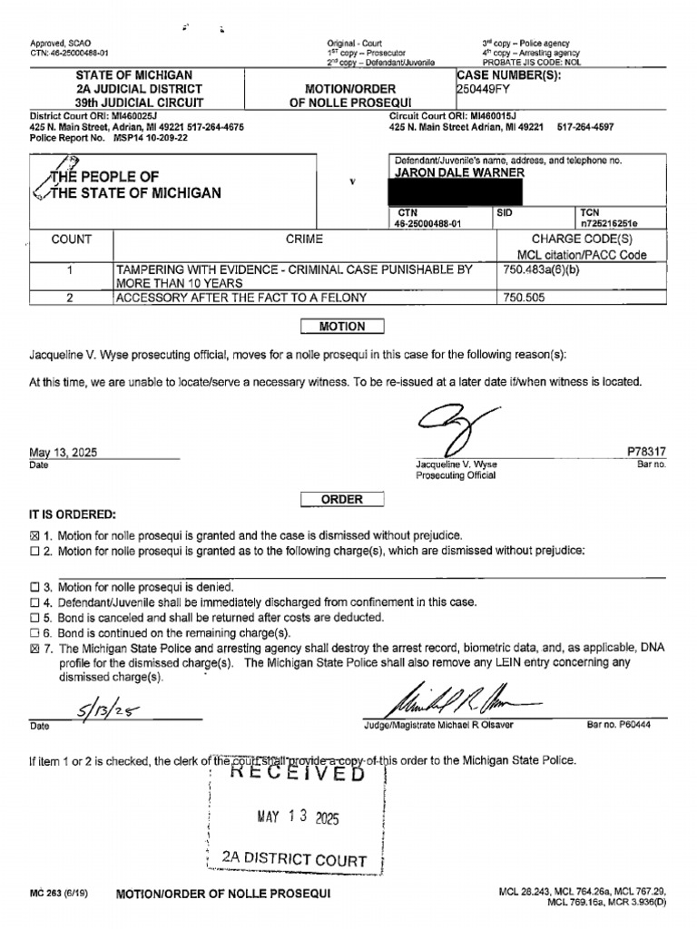 Jaron Warner Motion/Order of Noelle Prosequi | PDF | Prosecutor | Crime ...