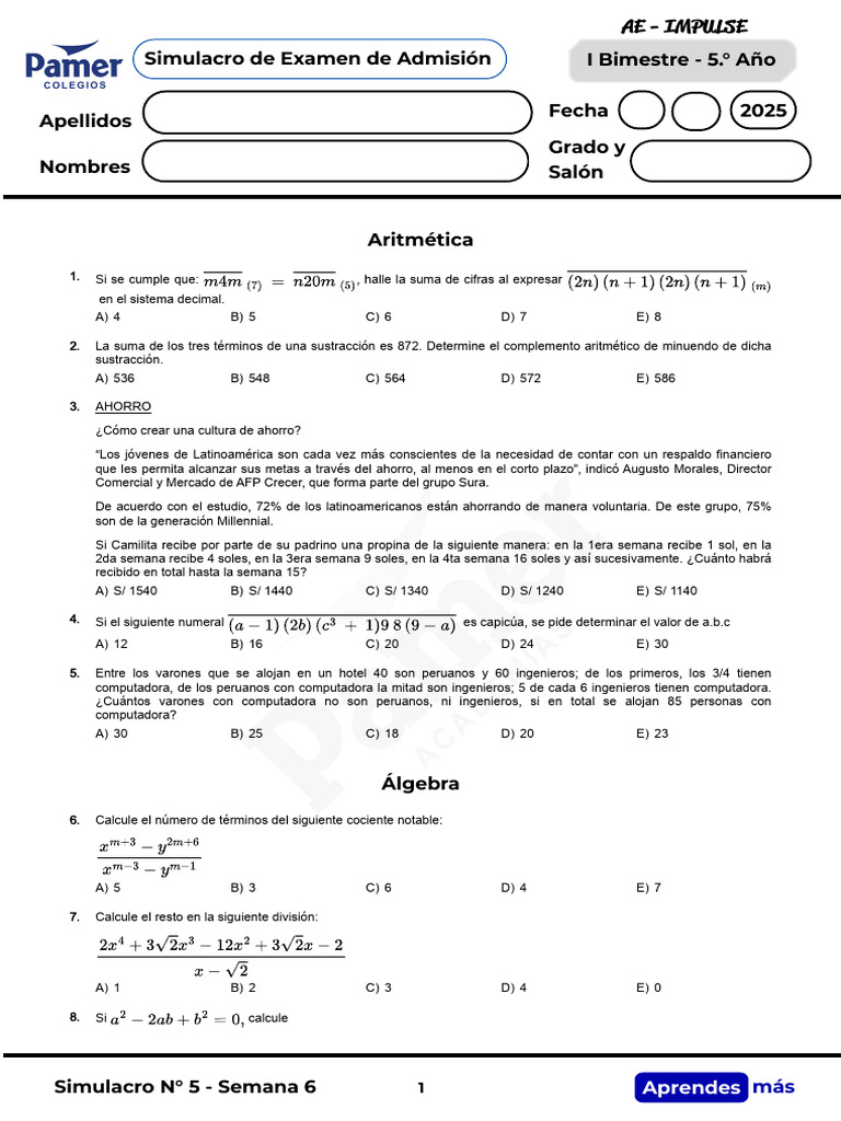 SIE - 2025 - Simulacro - 5° Secundaria - B1 - S6 | PDF | Polisacárido | Imperio aqueménida