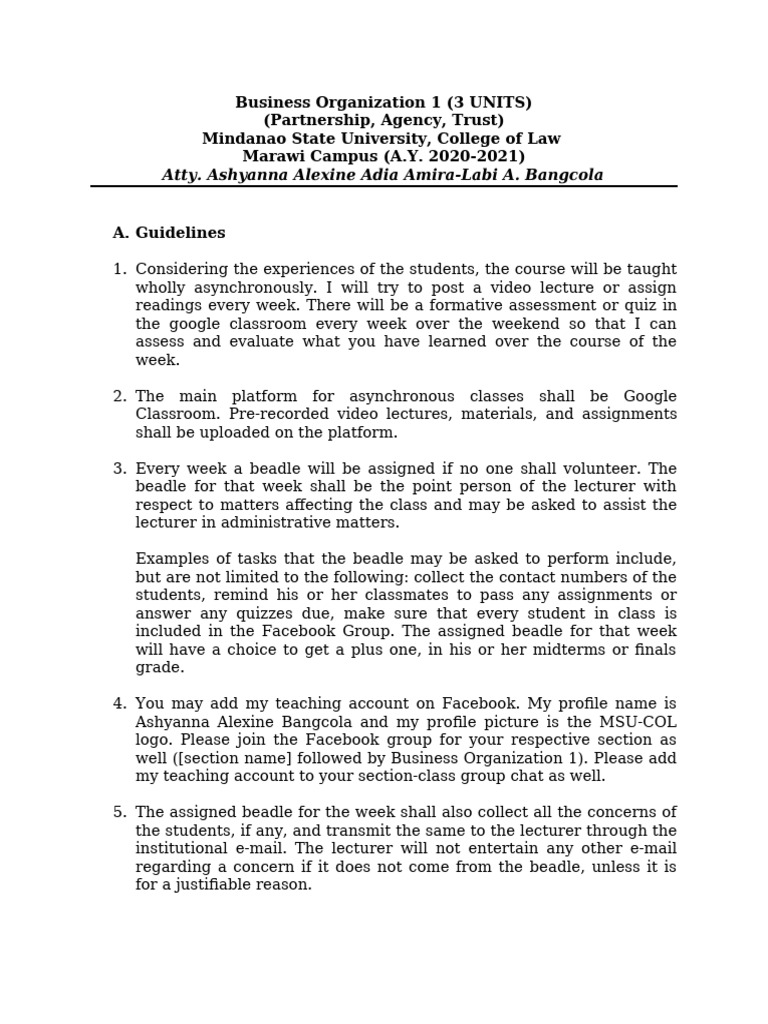 BUSINESS ORGANIZATION 1 (3 Units) (A.Y. 2020-2021) | PDF
