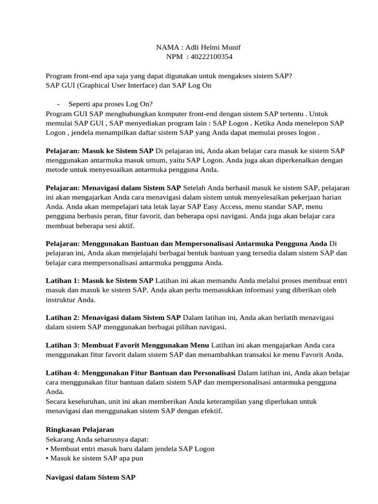 Adli Helmi Munif (40222100354) Resume Unit 2 ERP Fundamental | PDF