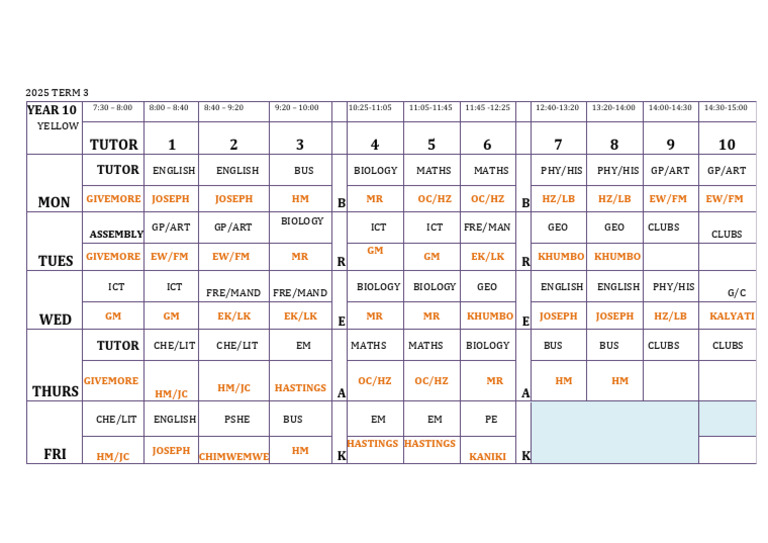 Year 10 Yellow Timetable 2025 Term3 | PDF
