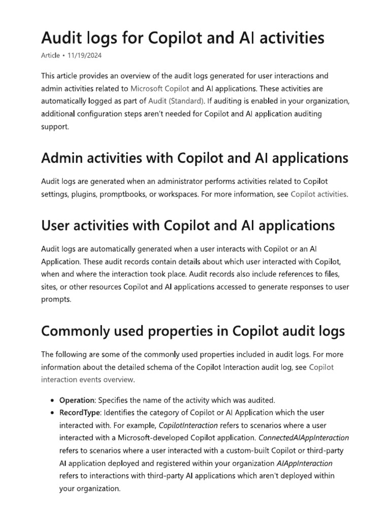 Audit Logs For Copilot and AI Activities | PDF