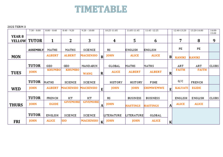 YEAR 8 YELLOW TIMETABLE 2025 TERM 3 | PDF
