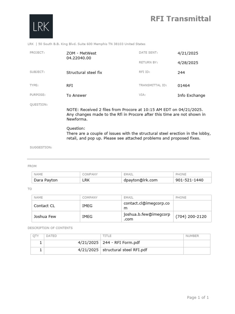 Structural Steel RFI - IMEG R1 | PDF | Prestressed Concrete | Building Technology