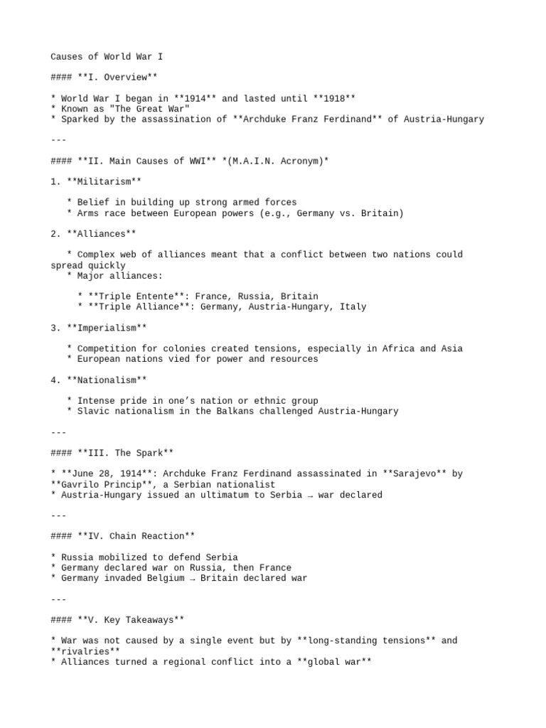 Causes of World War I Notes - HISTORY | PDF