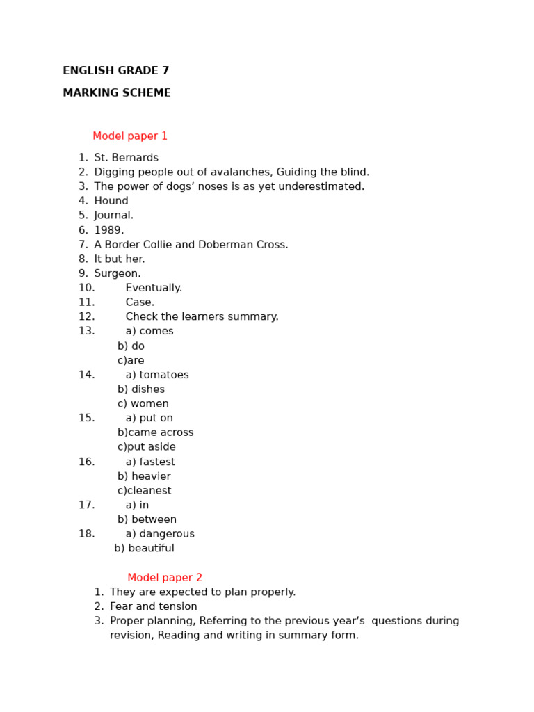 10 Model Papers Marking Scheme English 7 | PDF