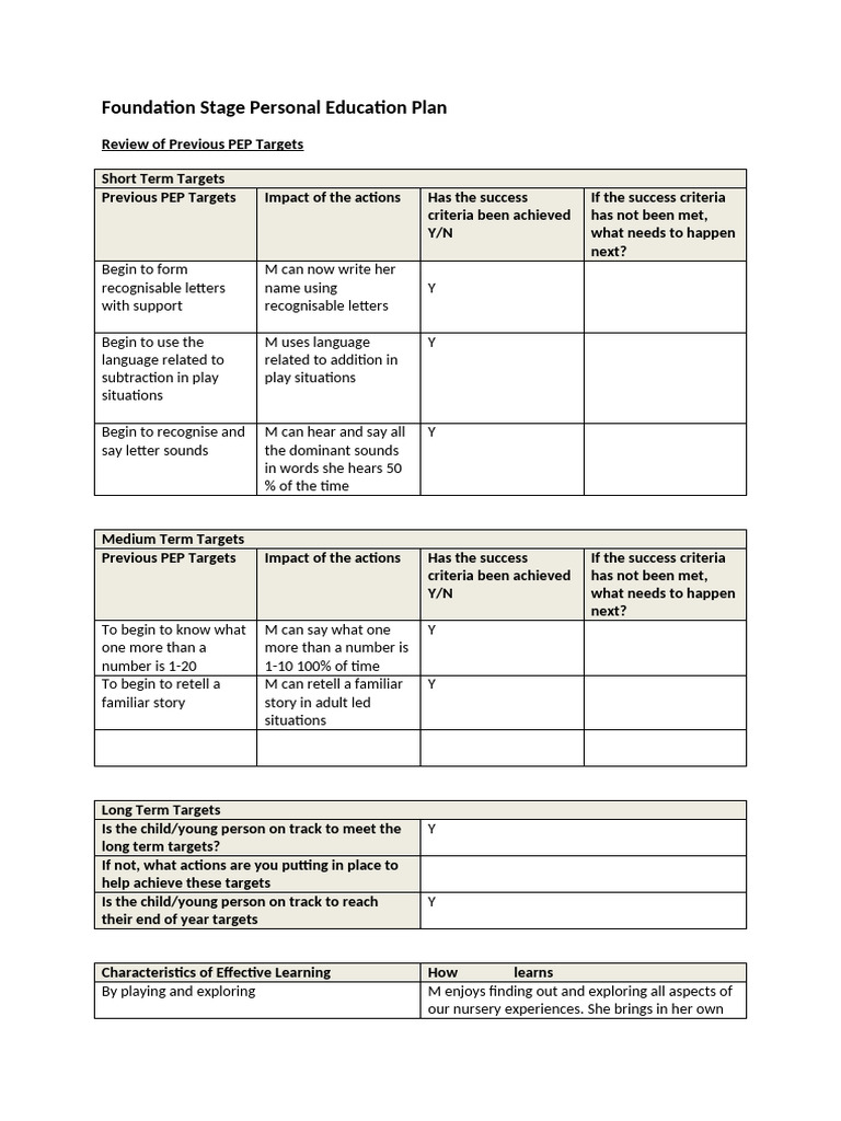 Foundation Stage Personal Education Plan example | PDF | Phonics ...
