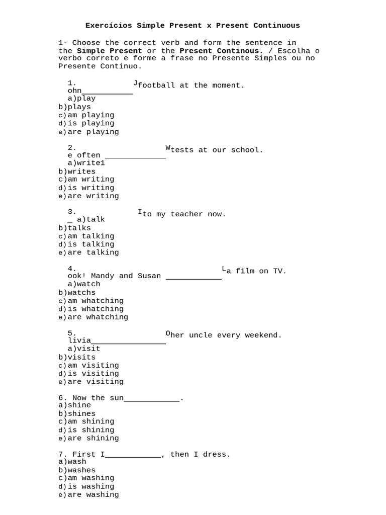 Exercícios Simple Present X Present Continuous | PDF