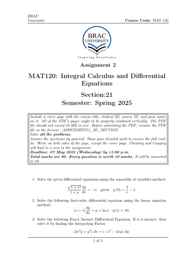 MAT120 Section 21 Spring 2025 | PDF | Equations | Differential Equations