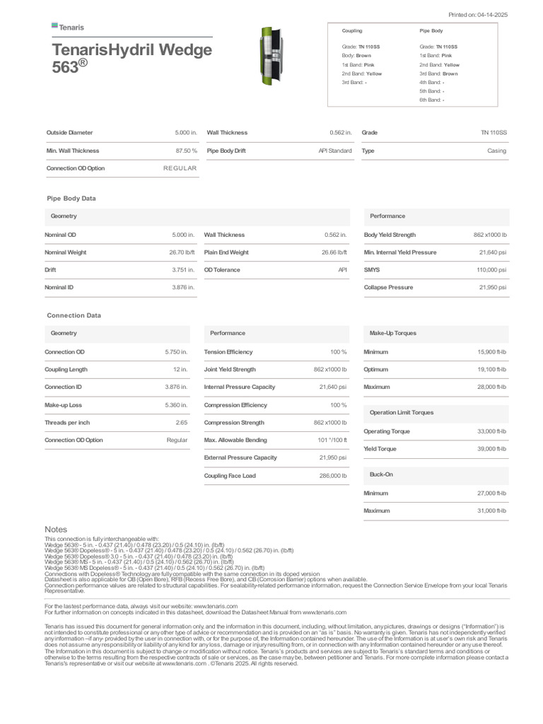 Wedge 563® 5.000 - 0.562 - TN 110SS - 04142025 | PDF | Pipe (Fluid ...