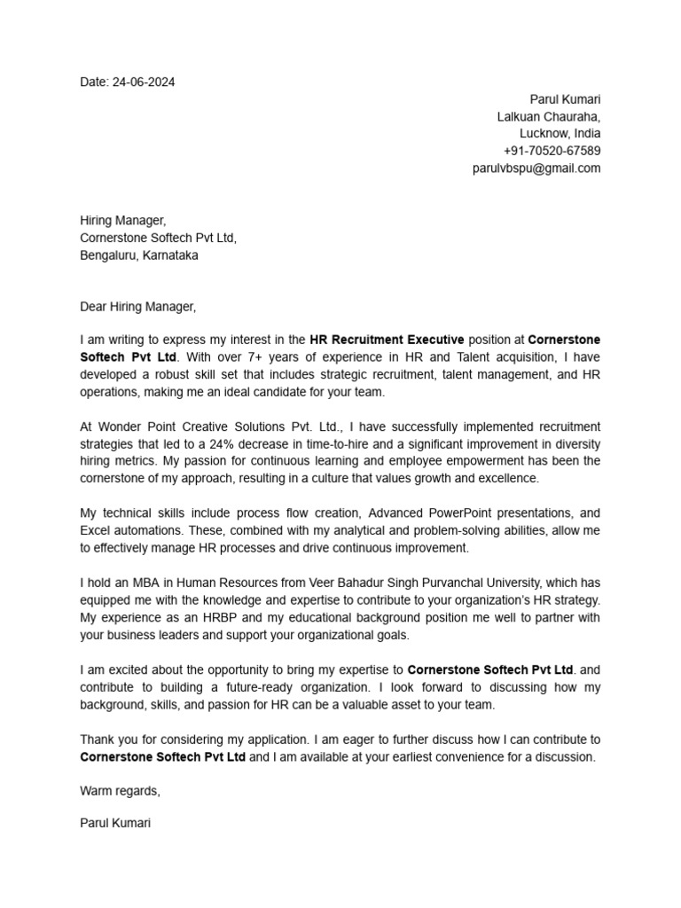 Cover Letter Cornerstone - Parul | PDF