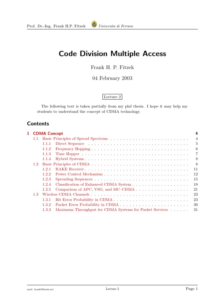 Code Division Multiple Access: Frank H. P. Fitzek 04 February 2003 | PDF | Code Division ...
