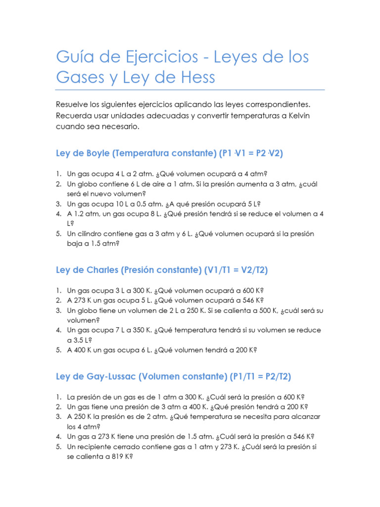 Guia de Ejercicios Leyes y Hess | PDF | Entalpía | Gases