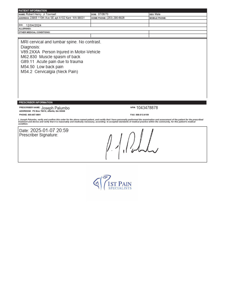 Patient Order for MRI Evaluation | PDF