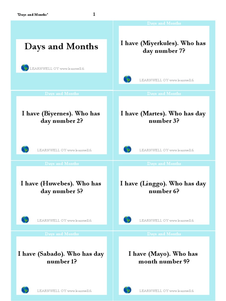 "Days and Months" Tagalog-English Cards | PDF