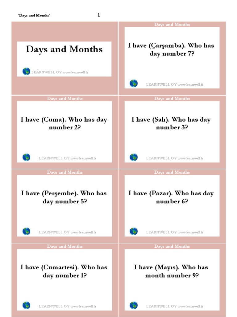 "Days and Months" Turkish-English Cards | PDF