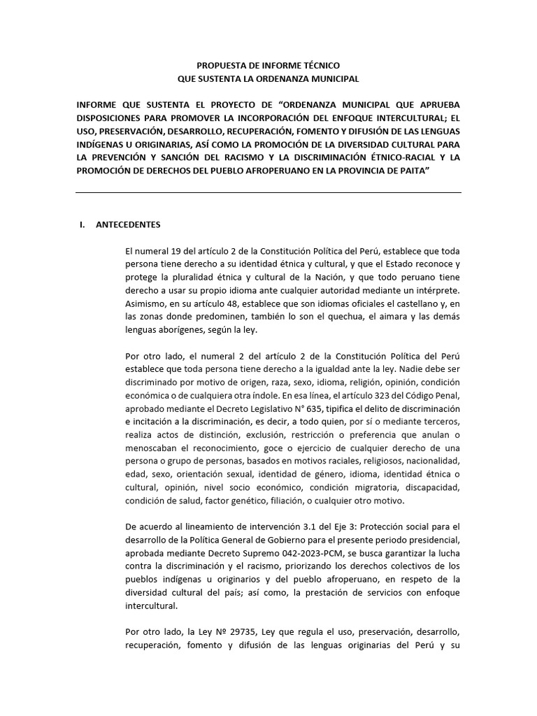 Informe Técnico de Interculturalidad Paita | PDF | Perú | Gobierno local