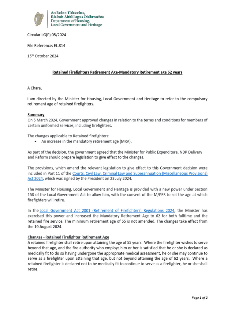 Circular LGP 05 2024 Compulsory Retirement Age of Retained Firefighters | PDF | Public Law ...