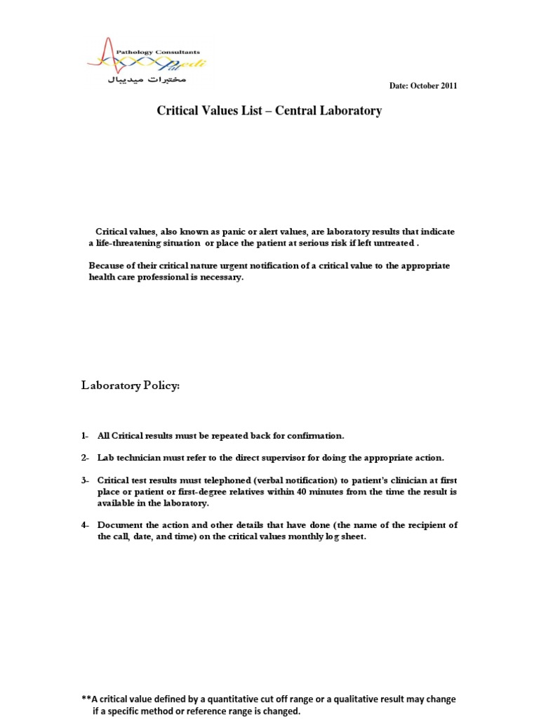 Critical Values List - Central Laboratory: Date: October 2011 | PDF ...