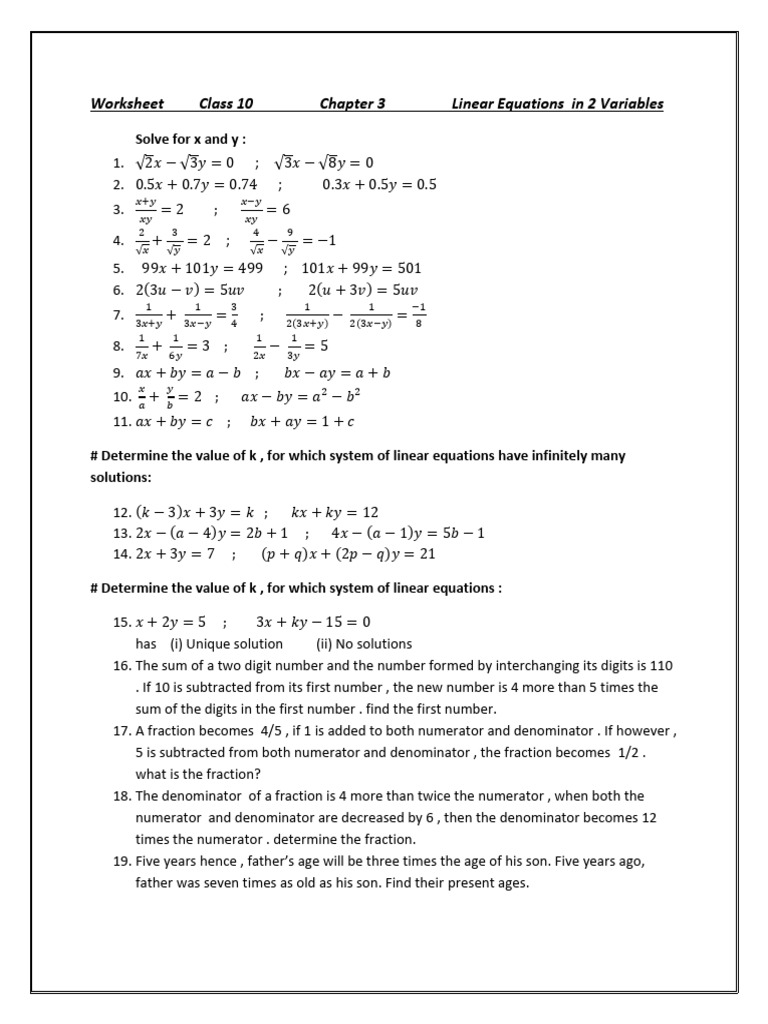 Class 10 Chapter 3 Linear Equation in 2 Variables | PDF | Mathematical ...