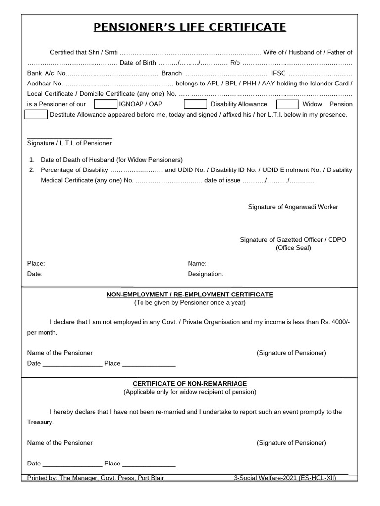 Pensioner Life Certificate Form - 2 | PDF
