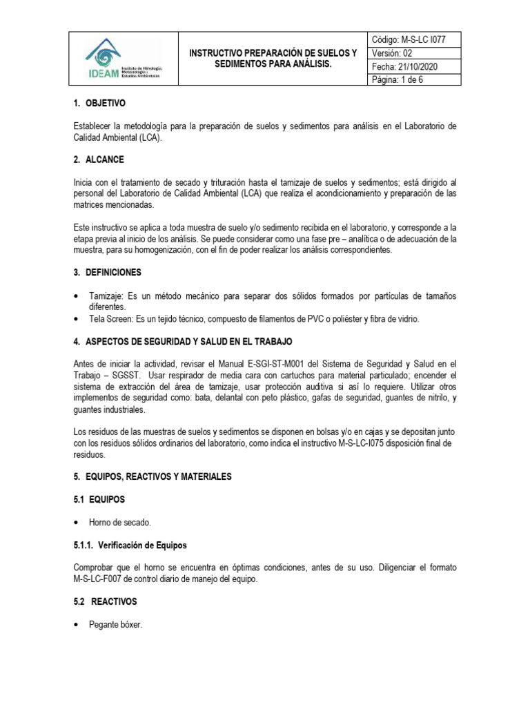 m-s-lc-i077_instructivo_preparacion_de_suelos_y_sedimentos_para_analisis_v2 | PDF | Laboratorios ...