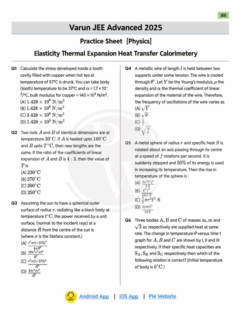 Elasticity Thermal Expansion Heat Transfer Calorimetery - Practice Sheet - Varun JEE Advanced ...